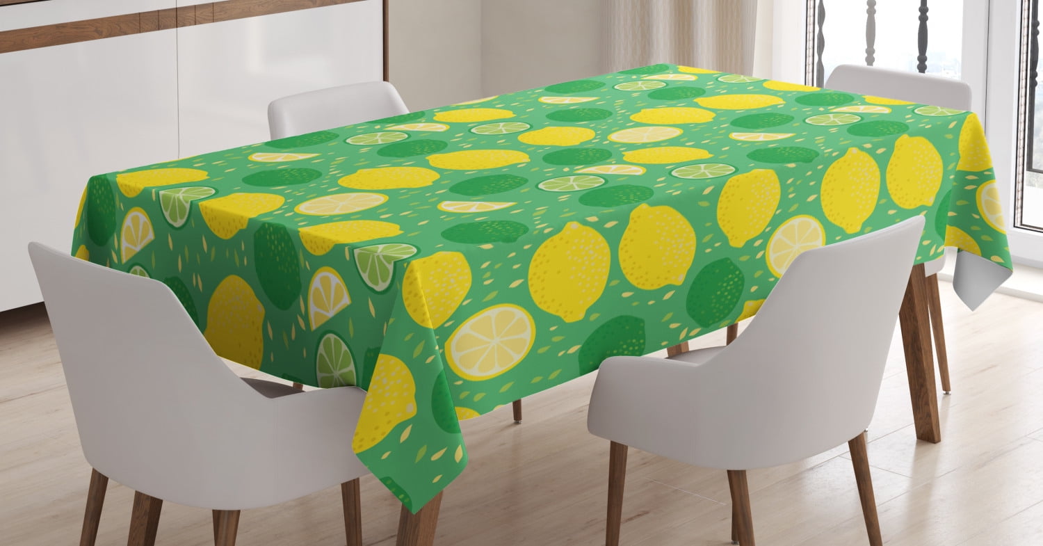 Lemons Tablecloth, Messy Spotted Lime Drawings and Slices on Leaves ...