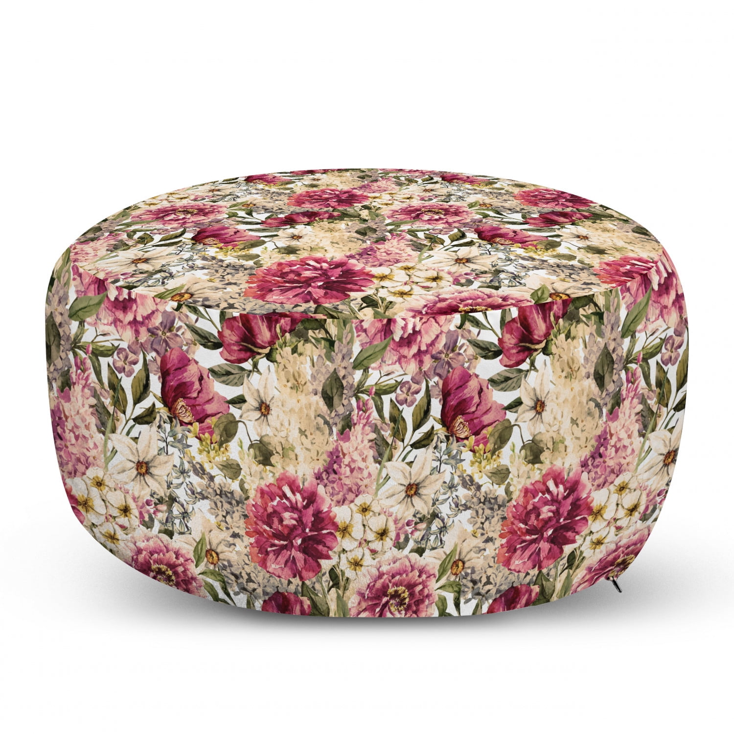 Floral Pouf Cover with Zipper, Vintage Peony Flowers Leaves Watercolor ...