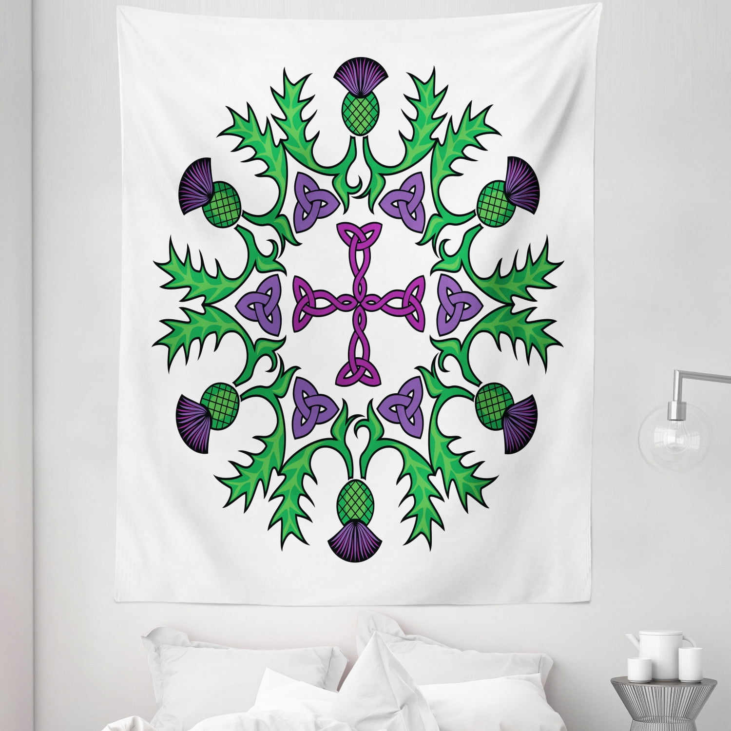 Thistle Tapestry, Abstract Wreath Image with Flowers of Thistles and Celtic Knot, Fabric Wall ...