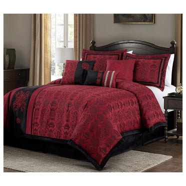 7-Piece King Size Micro Bedding: Soft Suede Black & Red Dawn Comforter ...