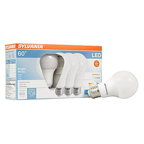 SYLVANIA LED A19 Light Bulb, 60W Equivalent, Efficient 9W, Medium Base, Dimmable Frosted 3500K ...