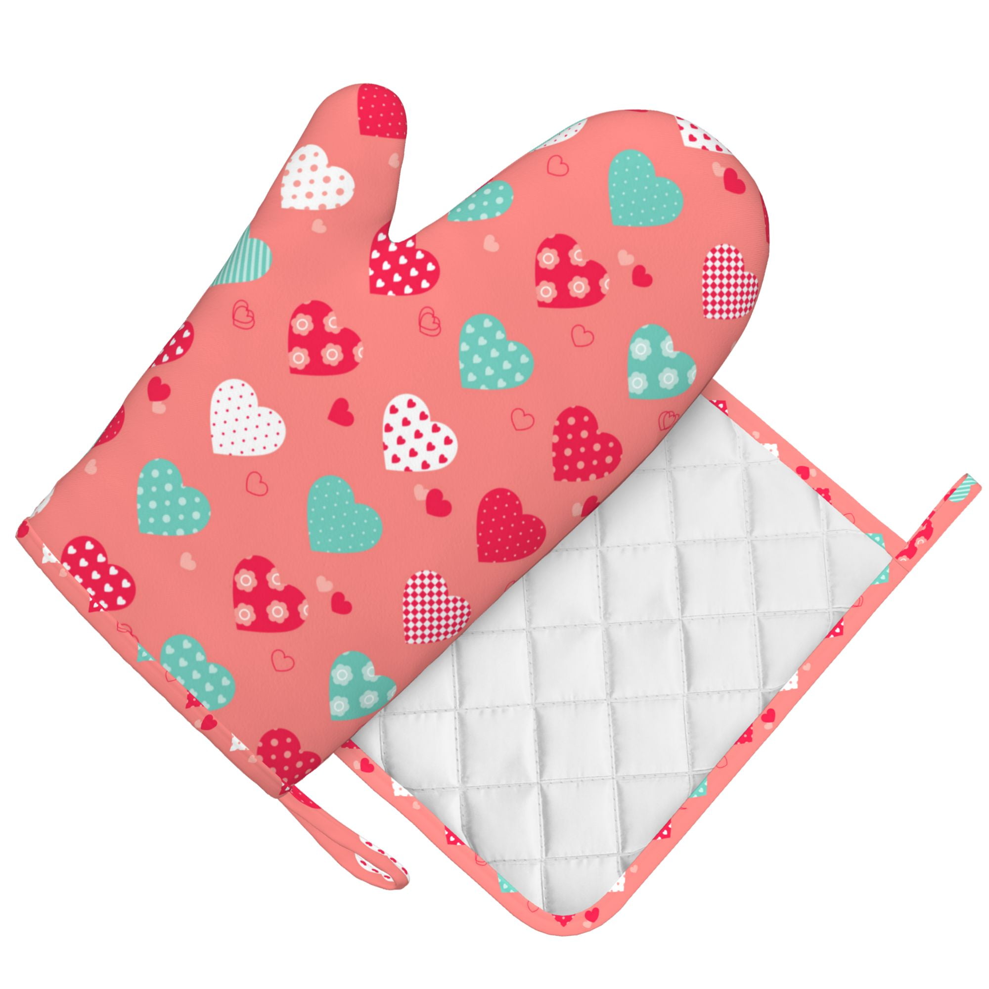 DouZhe Oven Mitts and Pot Holders Sets, Pink Cute Hearts Prints Non ...