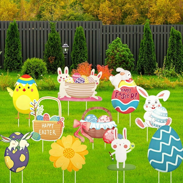 10 Pieces Easter Yard Signs Outdoor Lawn Decorations Easter Lawn Yard ...