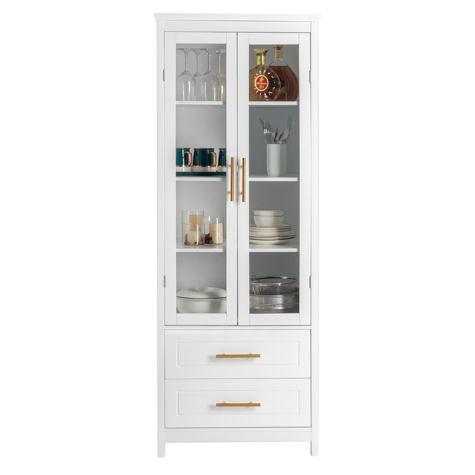 SamyoHome Storage Cabinet with 2 Transparent Doors, 2 Drawers & Display ...