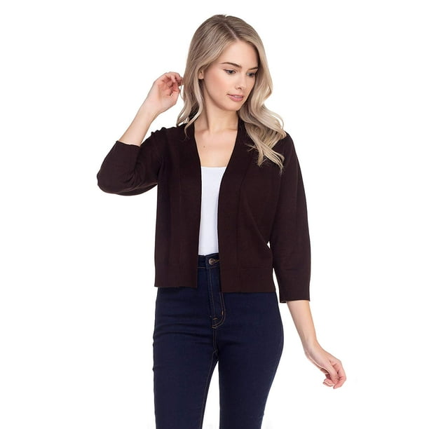 Women 3 4 Sleeve Solid Open Bolero Cropped Cardigan Shrug Brown
