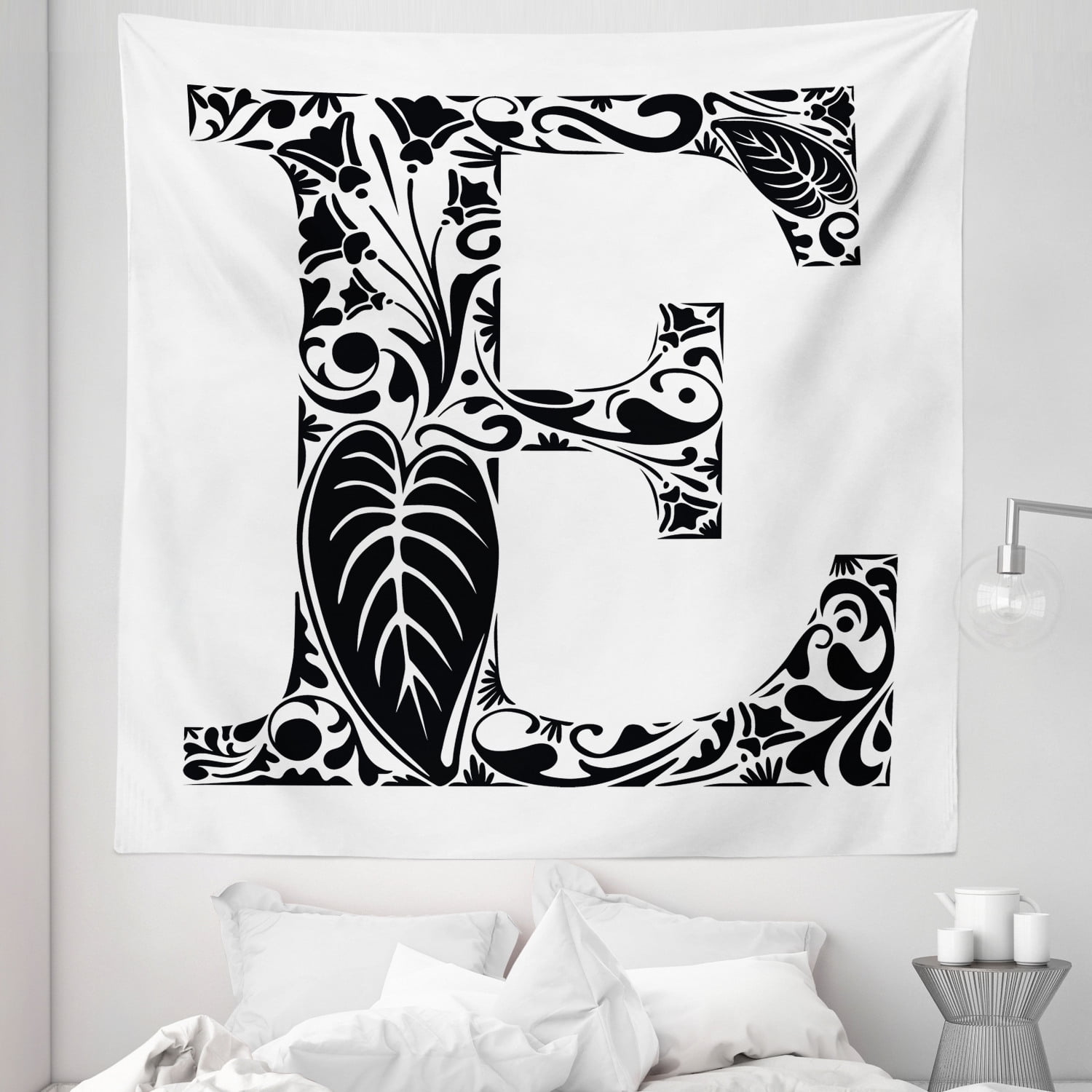 Letter E Tapestry, Floral Swirls and Curls Big Leaf Blooming Meadow ...
