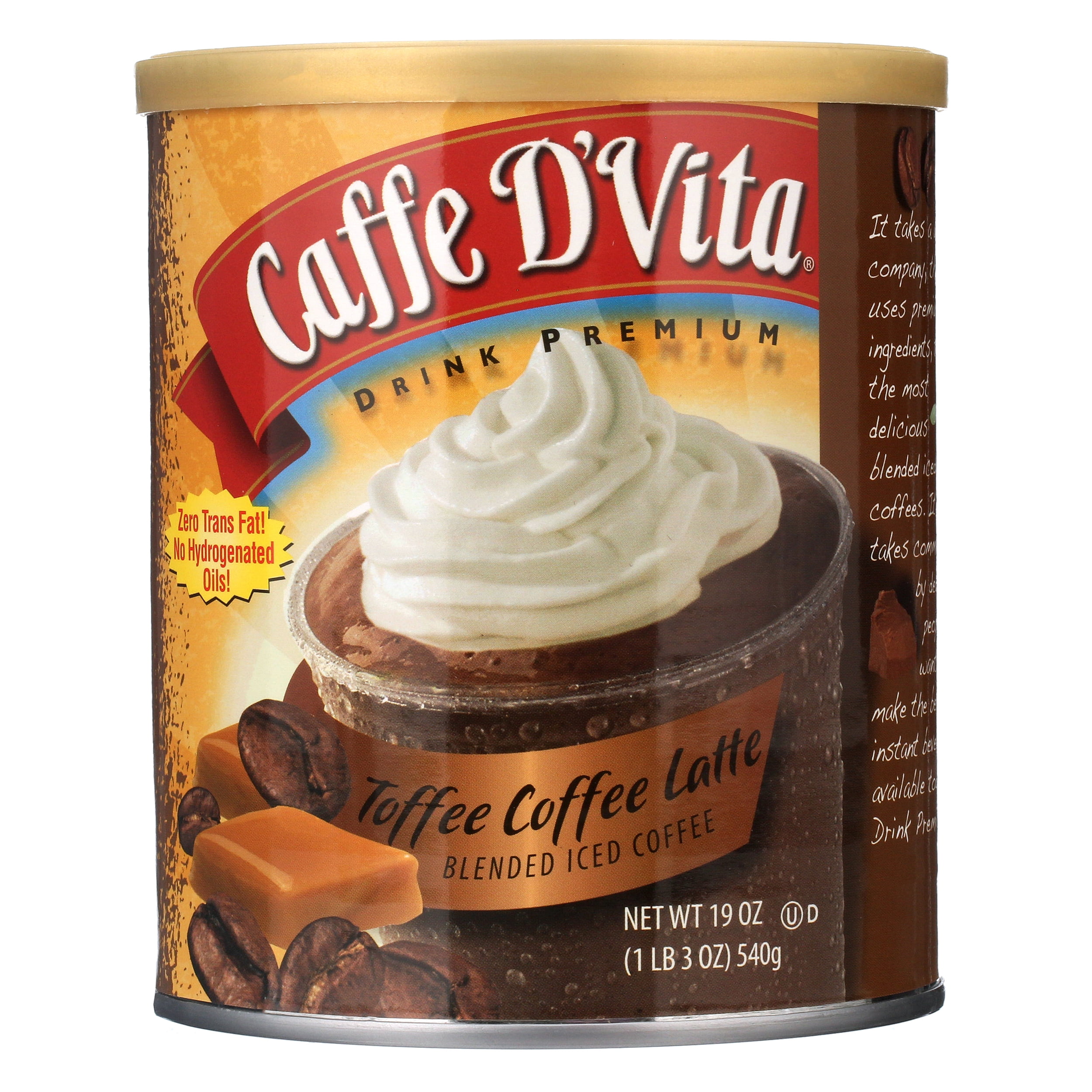 Caffe D Vita Premium Instant Toffee Coffee Latte Blended Iced Coffee 19 Oz Canister