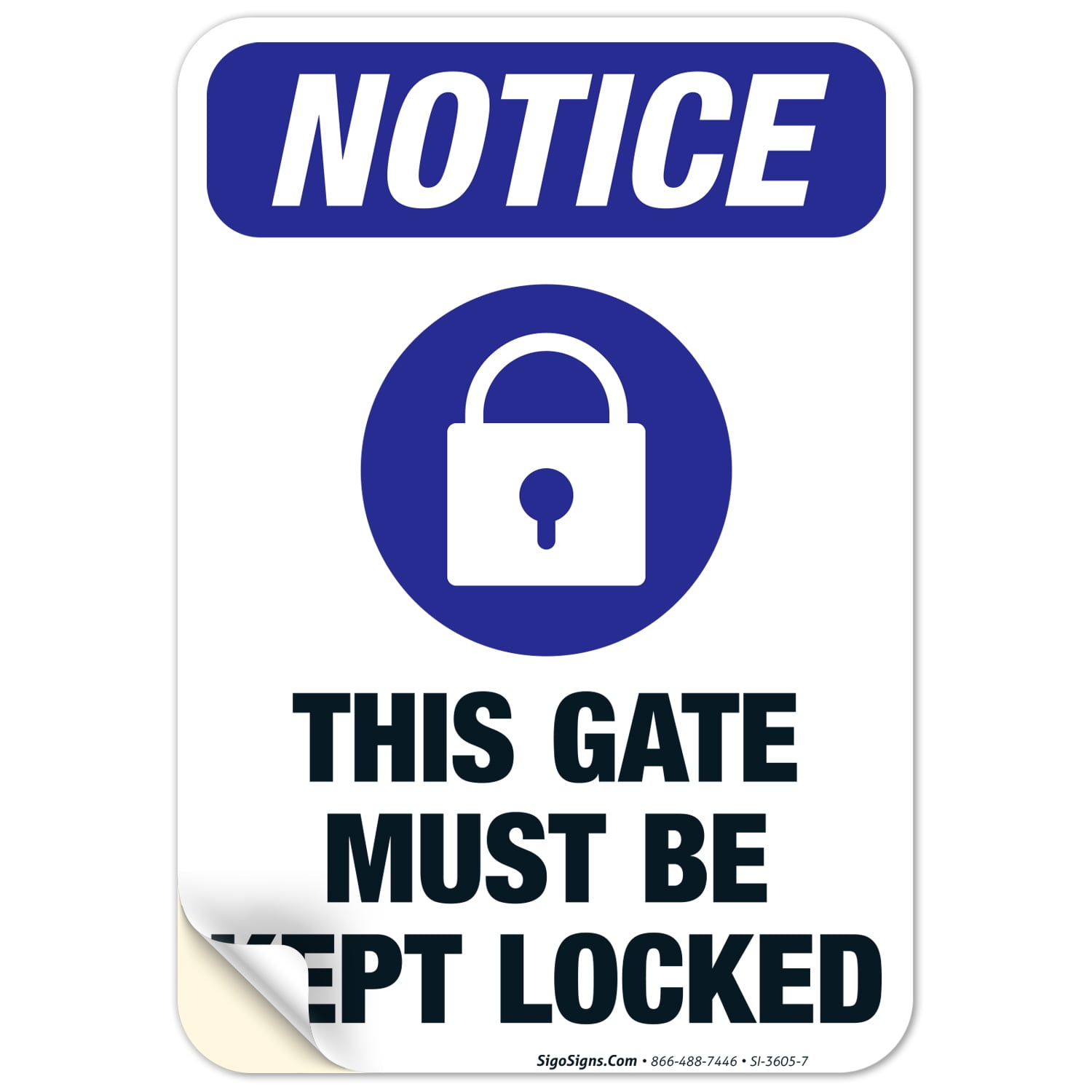 Gate Must Be Kept Locked with Symbol Sign, ANSI Notice Sign, 10x7 Vinyl ...