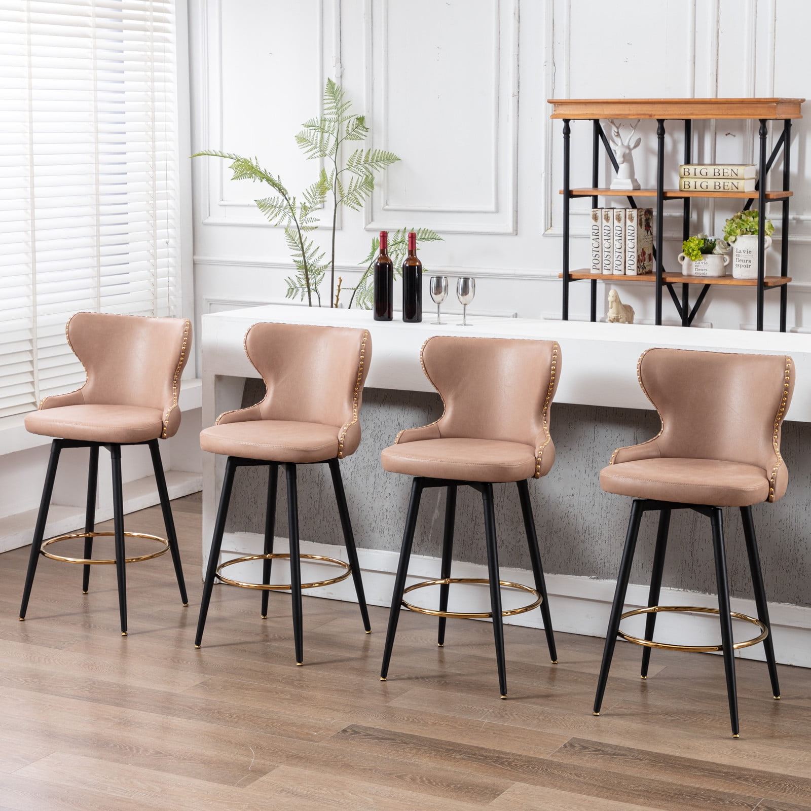 29” Bar Stool Counter Height Bar Chairs with Gold Footstool and Metal ...