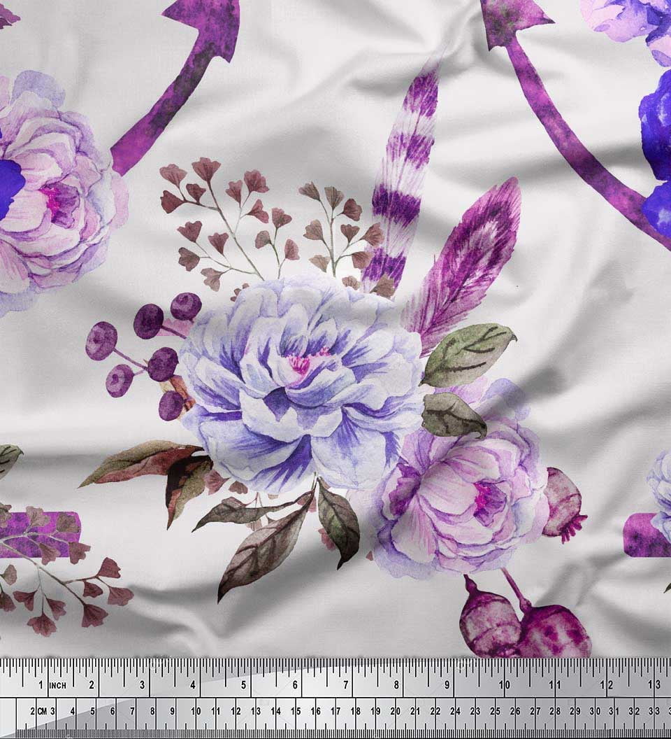Soimoi Purple Satin Silk Fabric Anchor Hook & Rose Flower Print Fabric ...