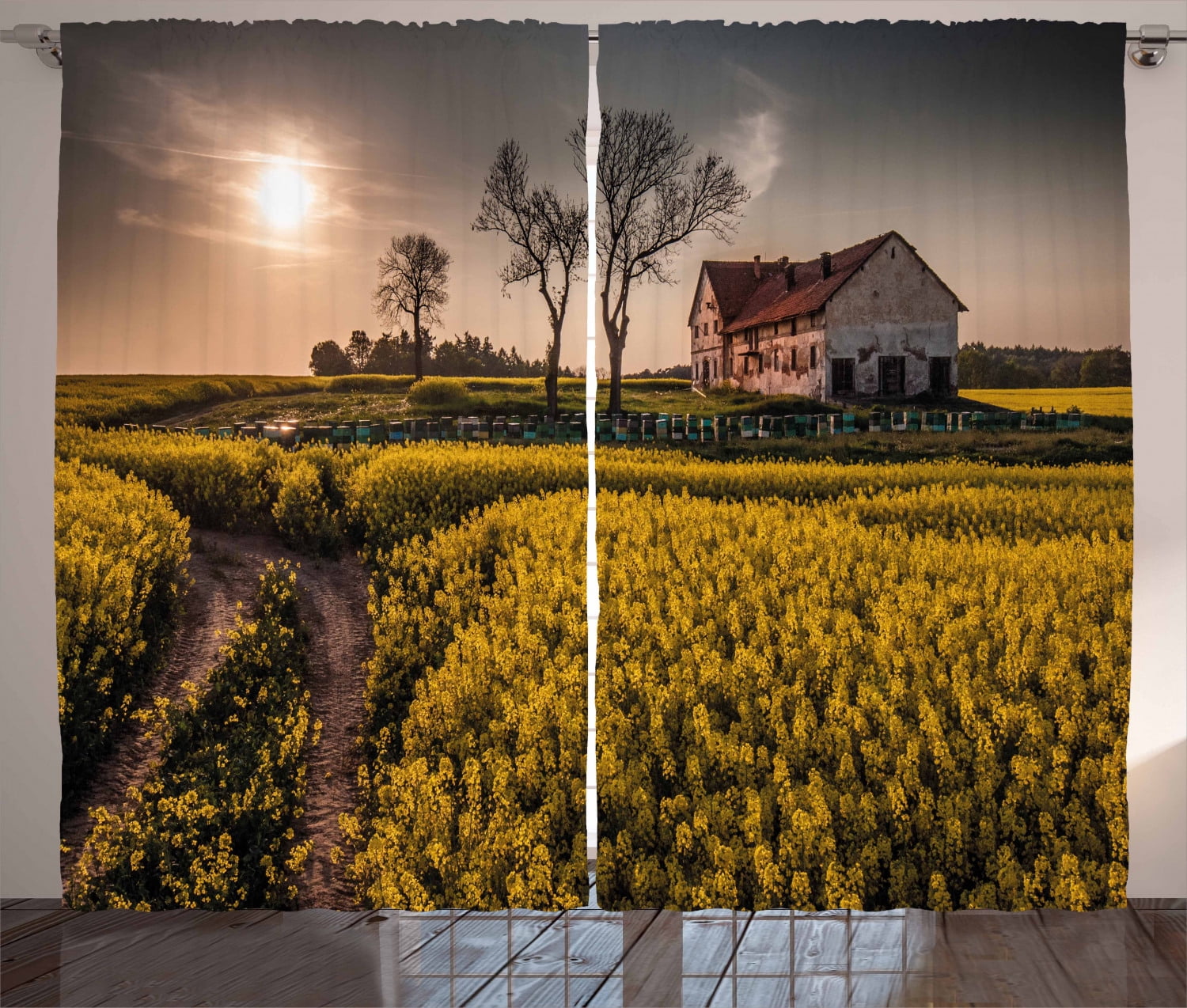 Country Home Curtains 2 Panels Set, Old Abandoned Rural House Floral ...