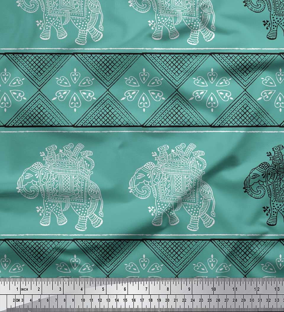 Soimoi Satin Silk Fabric Floral & Elephant Block Print Fabric by The ...