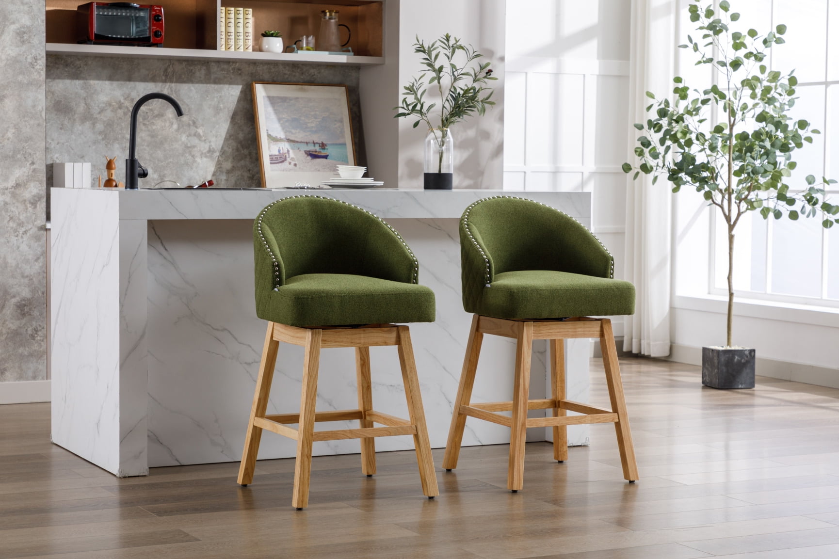 Bar Stools Set of 2, Modern Counter Stools with Back Mid-Century Fabric ...