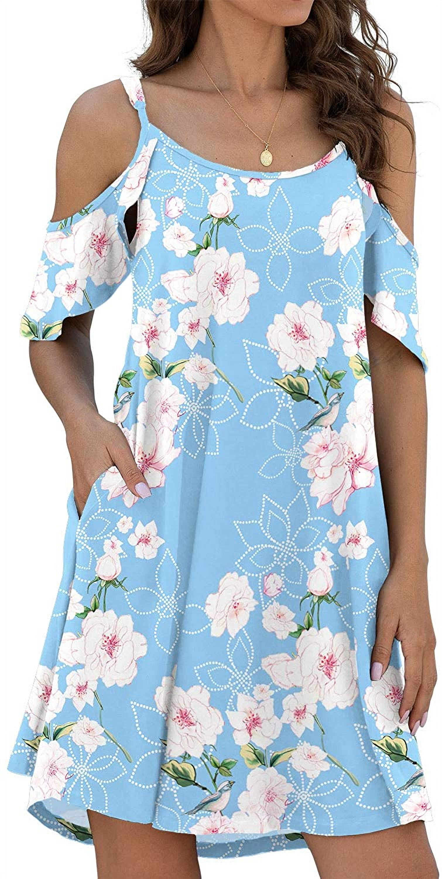 ANYJOIN Women's Summer Casual Strap Mini Dress Cold Shoulder Ruffle ...