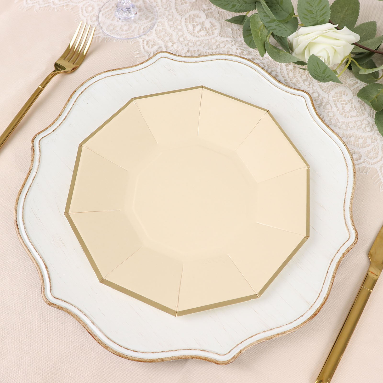 Efavormart 25 Pack | 9" Beige Gold Foil Rim Geometric Dinner Paper ...