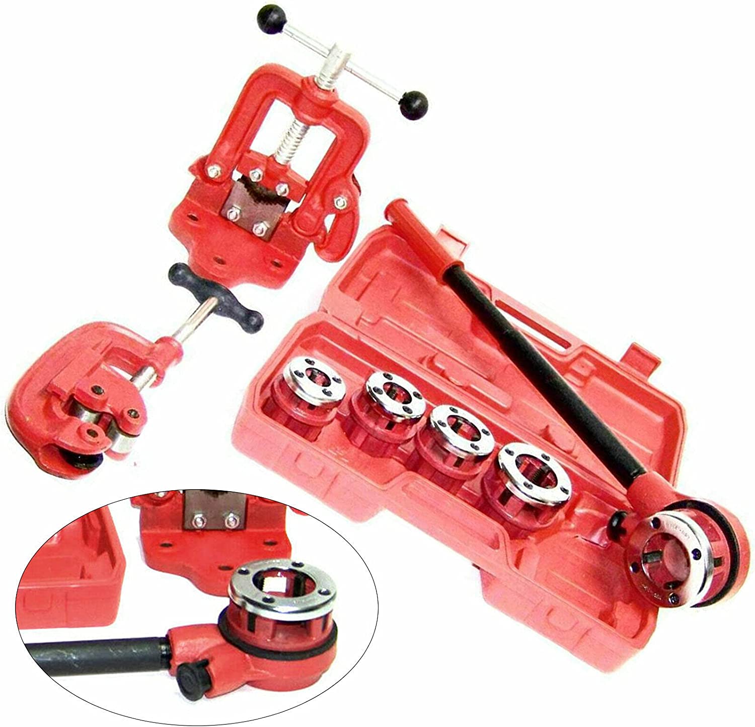 Handheld Threader Ratchet Type Cutter Plumbing Hand Tools Set W/ 5 Dies ...