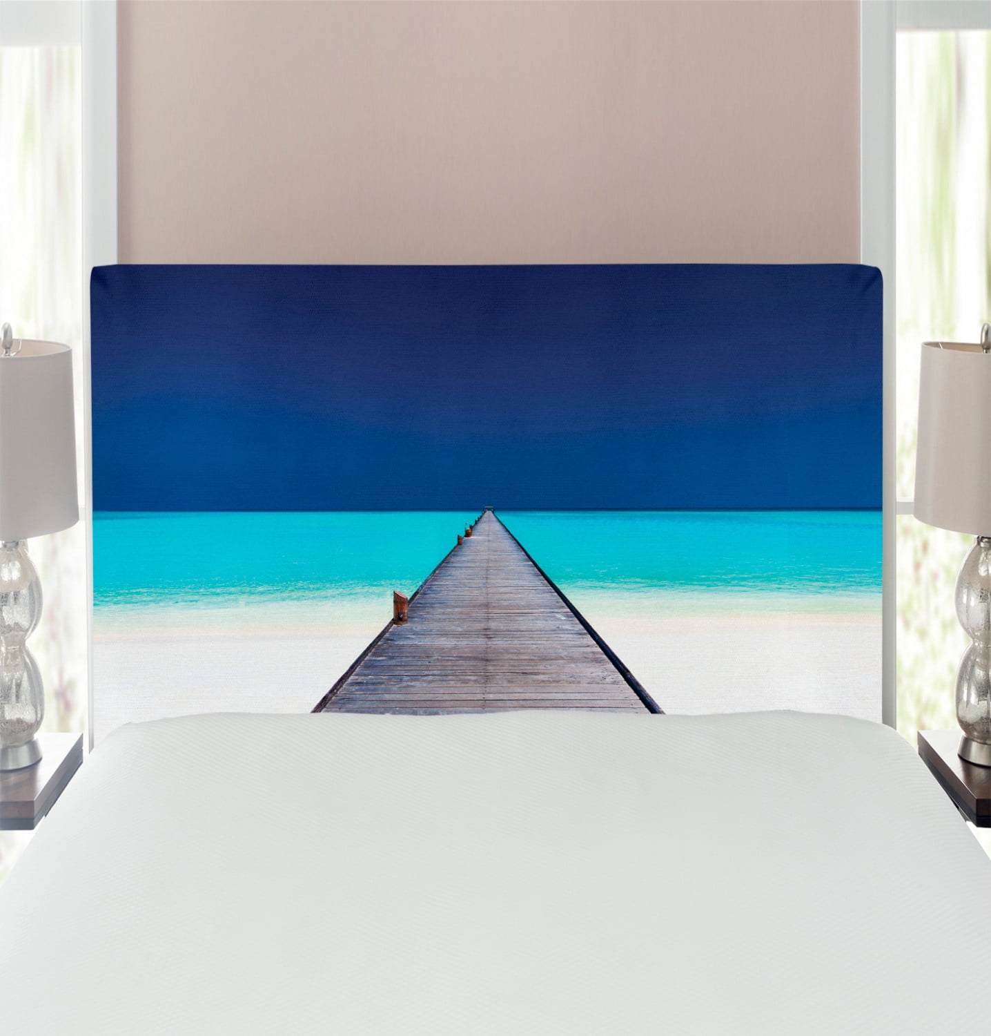 Landscape Headboard, Wooden Long Jetty Beach Sand Crystal Water ...