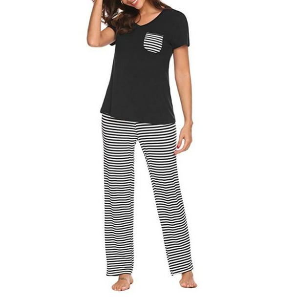 Ukap Womens Pajama Set Short Sleeve Top With Long Pants Cotton