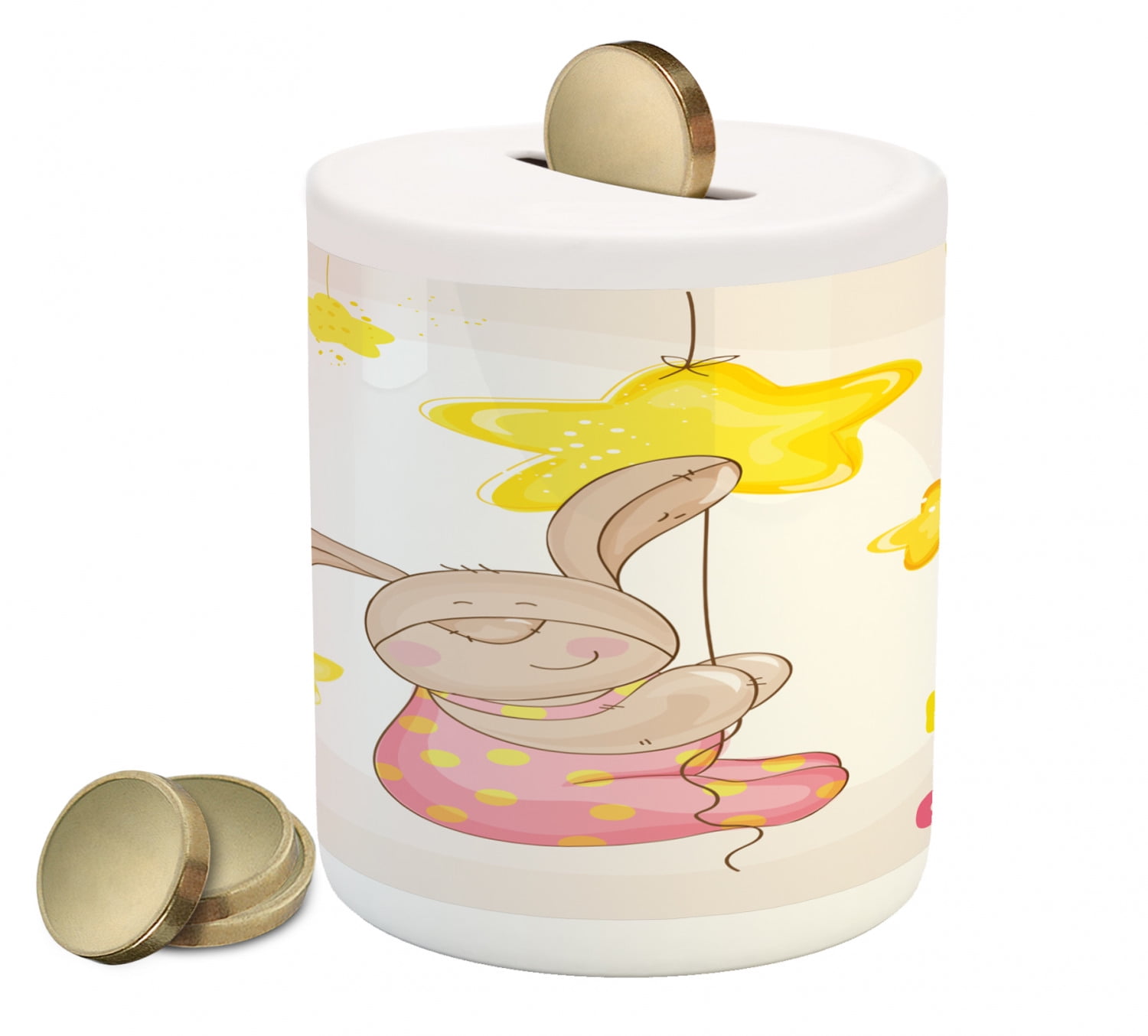 Moon Piggy Bank, Cartoon Like Bunny Hanging Stars and Moon Polka Dots ...