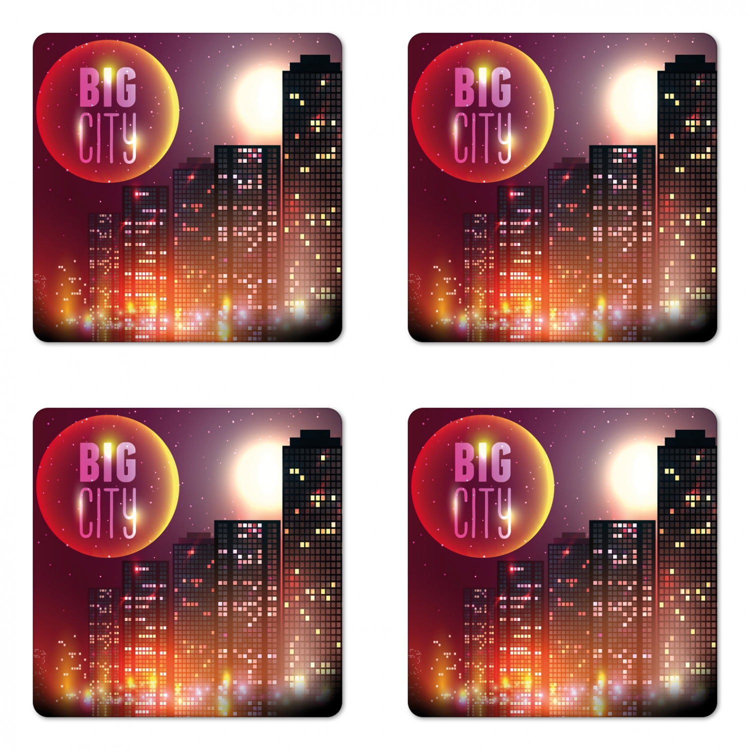 Modern Coaster Set of 4, Big City Theme Urban Skyline Night Scene Full ...