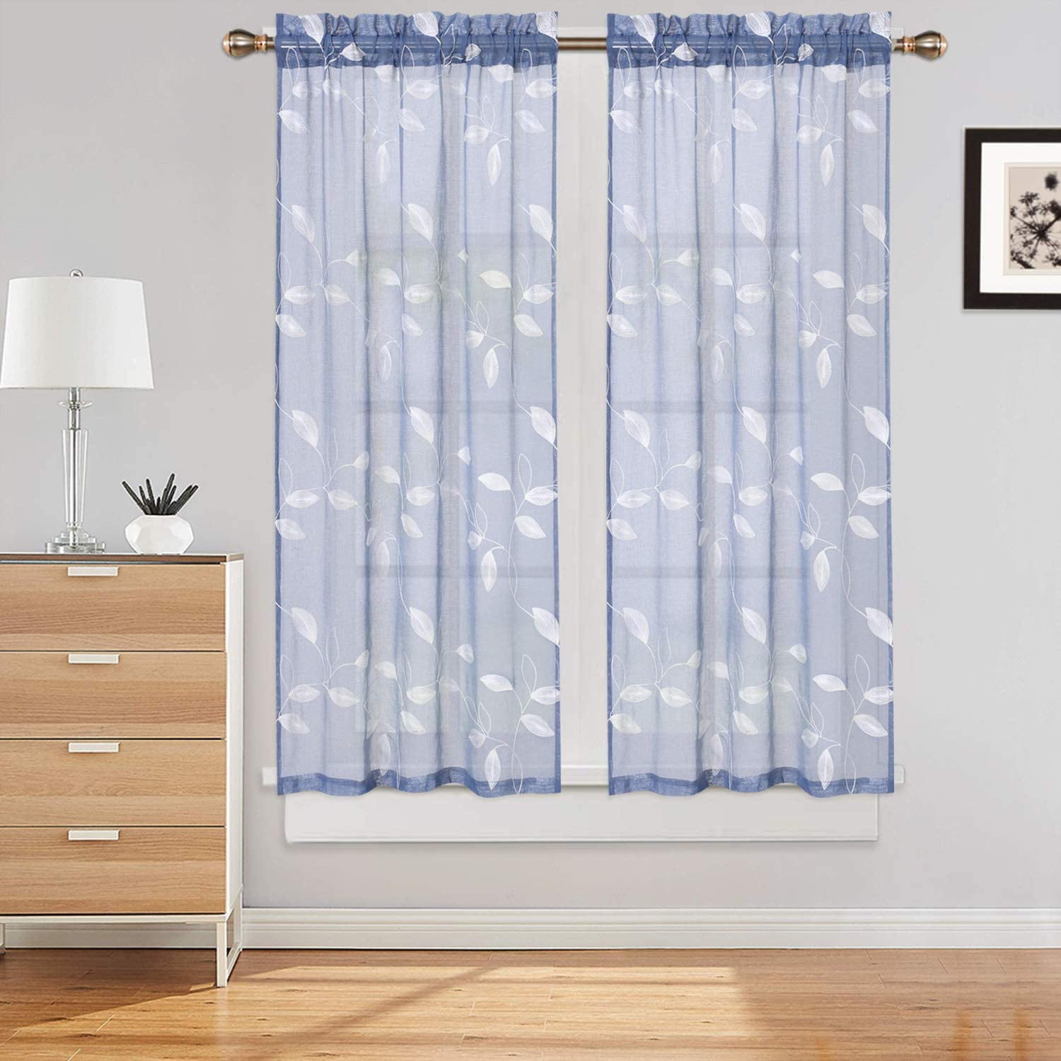 EastVita 2PCS Linen Textured Translucent Sheer Tiers Embroidered Leaves ...