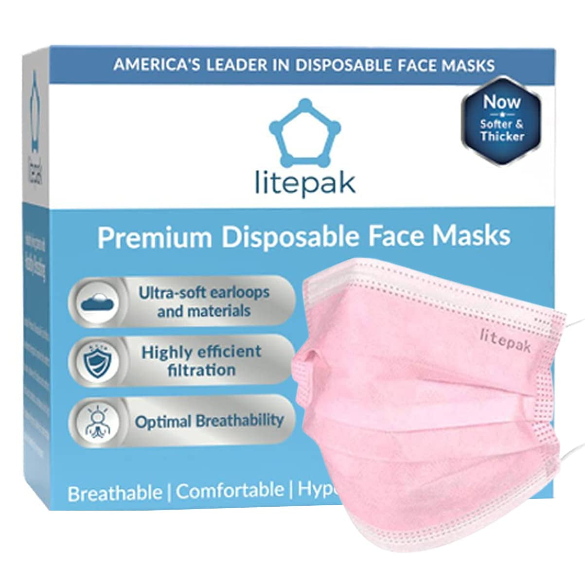 125-Pack Litepak Disposable Face Mask Premium Comfort Earloops with ...