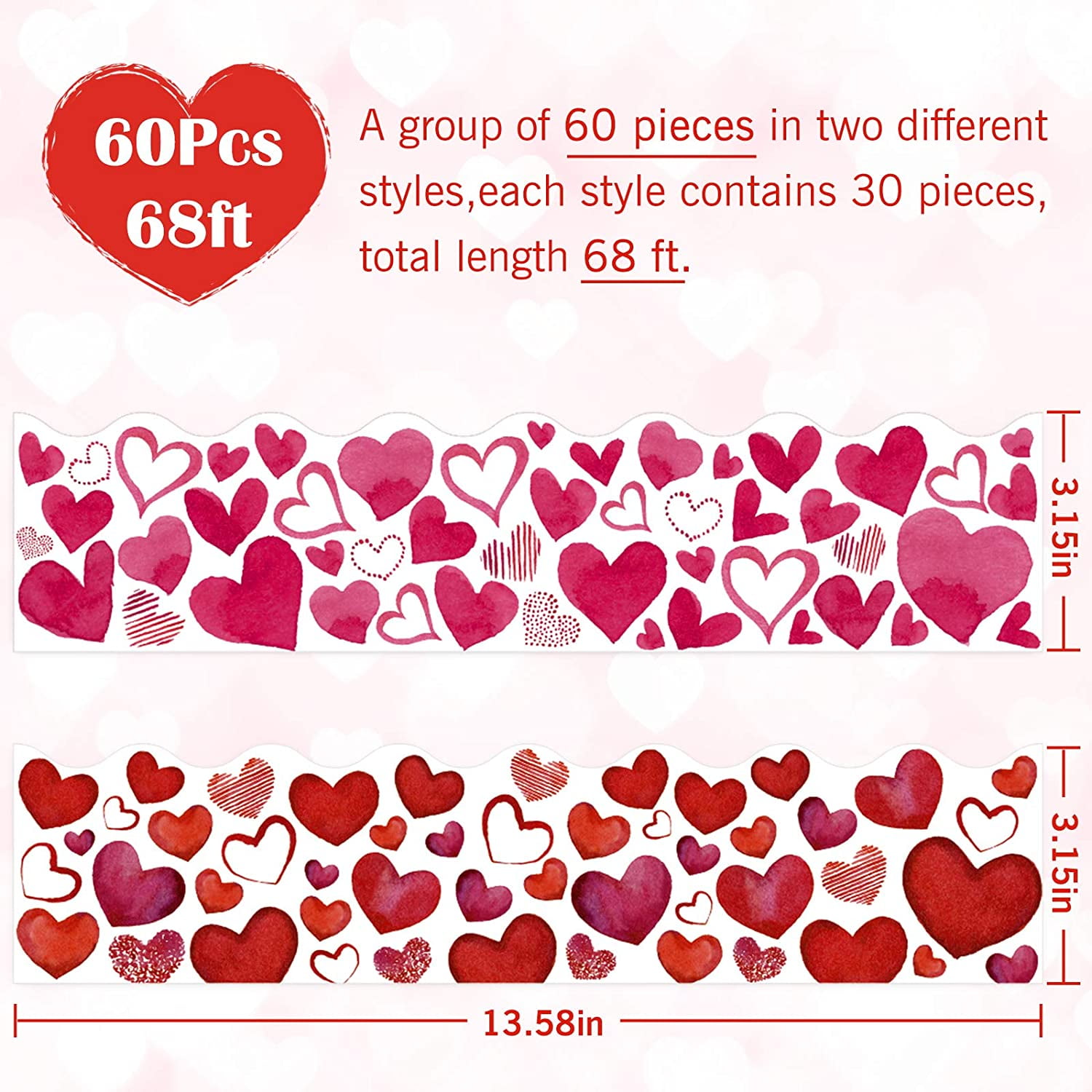 68ft Valentine's Day Bulletin Board Border 60pcs Red Pink Heart Border ...