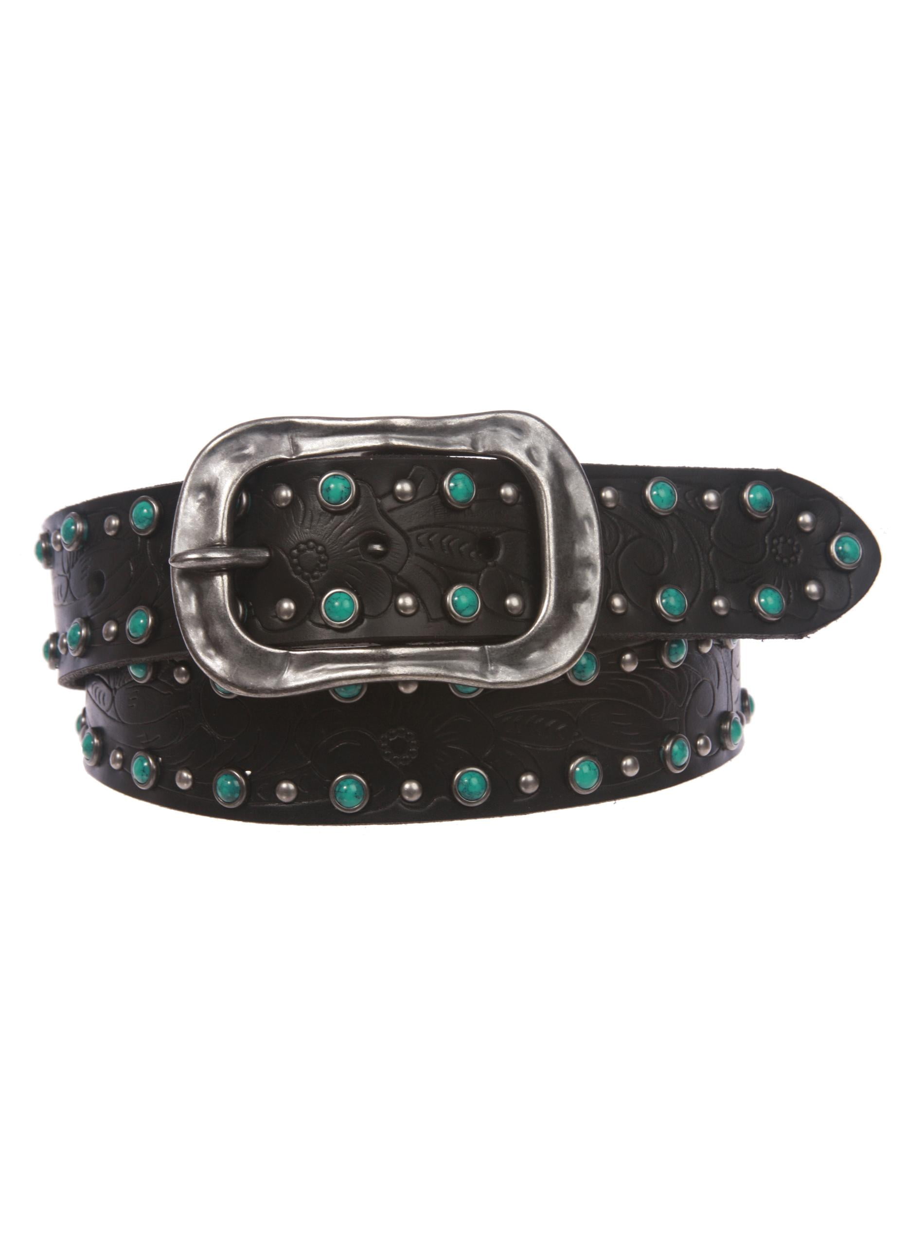 1 1/2" Snap On Floral Engraving Turquoise Studded Leather Belt ...