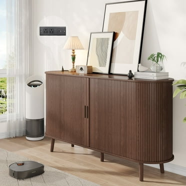 BOMETAO 47'' Sideboard Buffet Cabinet with 2 Sliding Tambour Doors, Mid Century Accent Console ...
