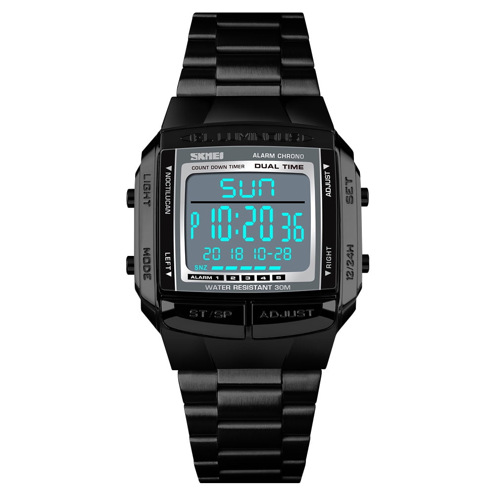 Men Digital Watch Casual Sports Wristwatch with 2 Time 5 Alarm 3ATM ...