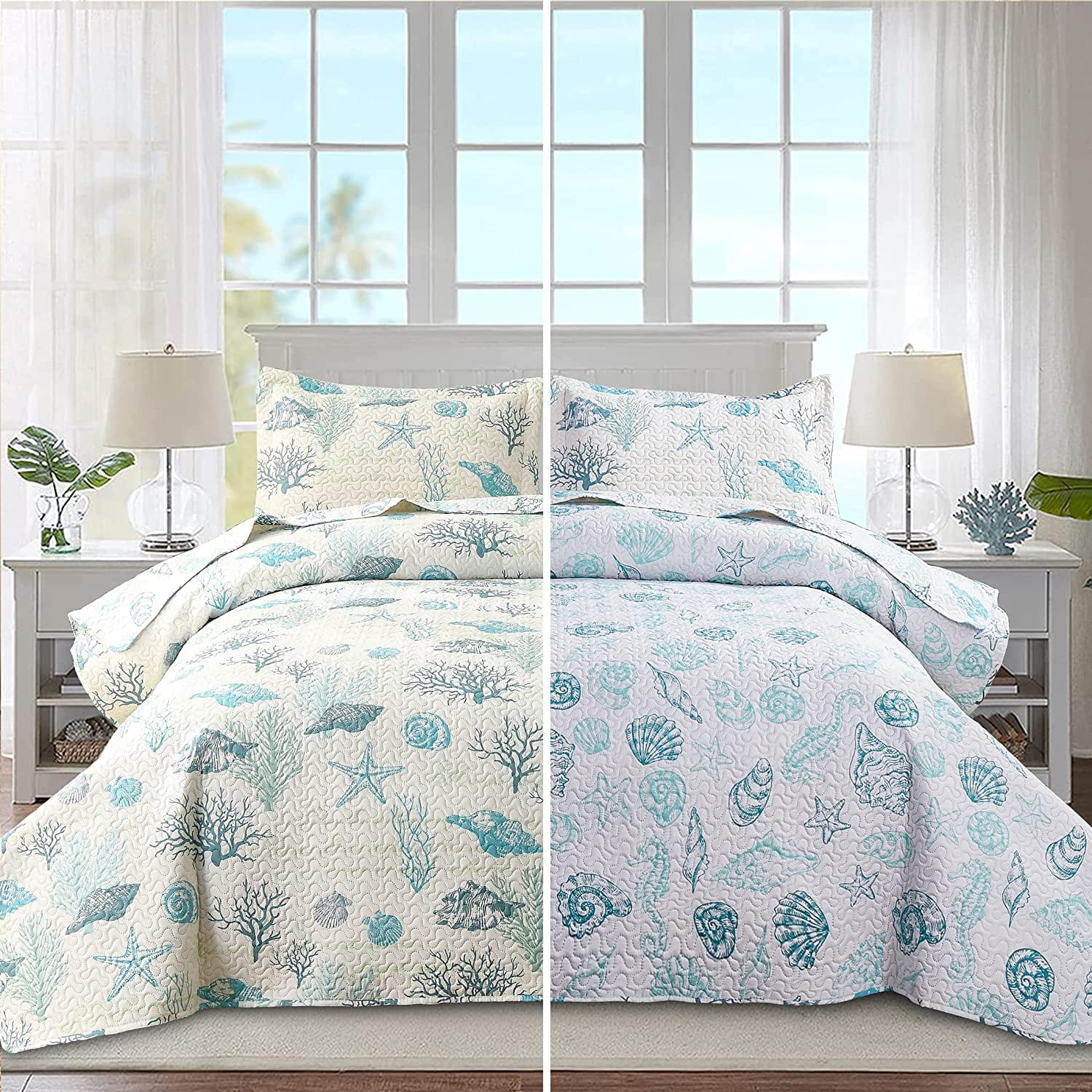 Smuge 3 Piece Quilts Queen/Full Size,Lightweight Coastal Beach Theme ...