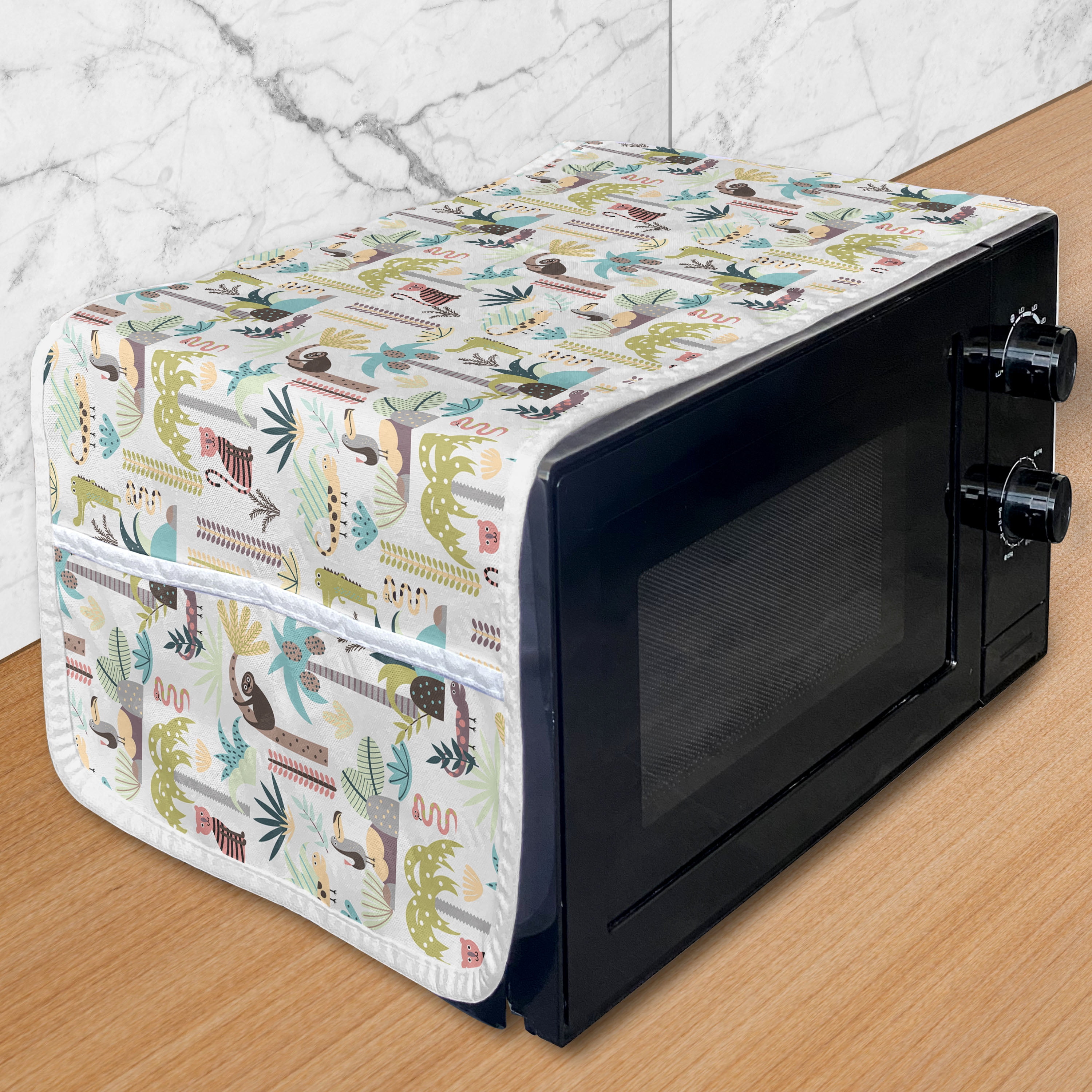 Jungle Microwave Oven Cover, Forest Trees Plants and Wild Animals in Cartoon Style Tropical ...