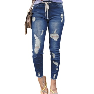 EOM Womans Pull On Side Pockets Full Elastic Waist Jeans (Chambray, XL ...
