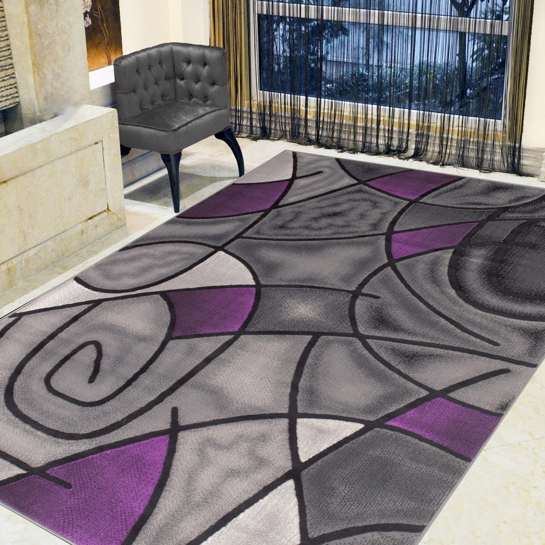 Purple/Grey/Silver/Black/Abstract Area Rug Modern Contemporary Circles ...