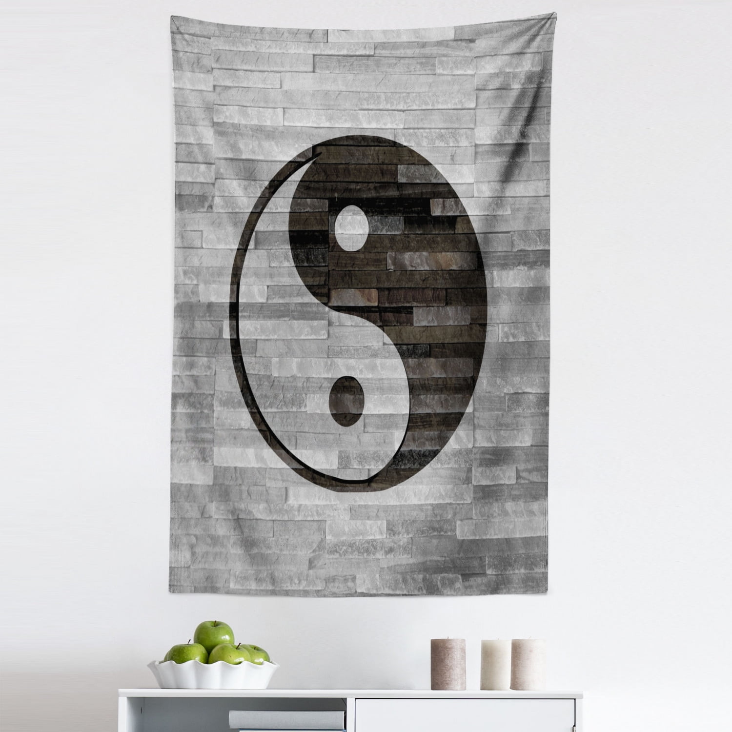 Ying Yang Tapestry, Minimalistic Traditional Ying Yang Rustic Wooden ...