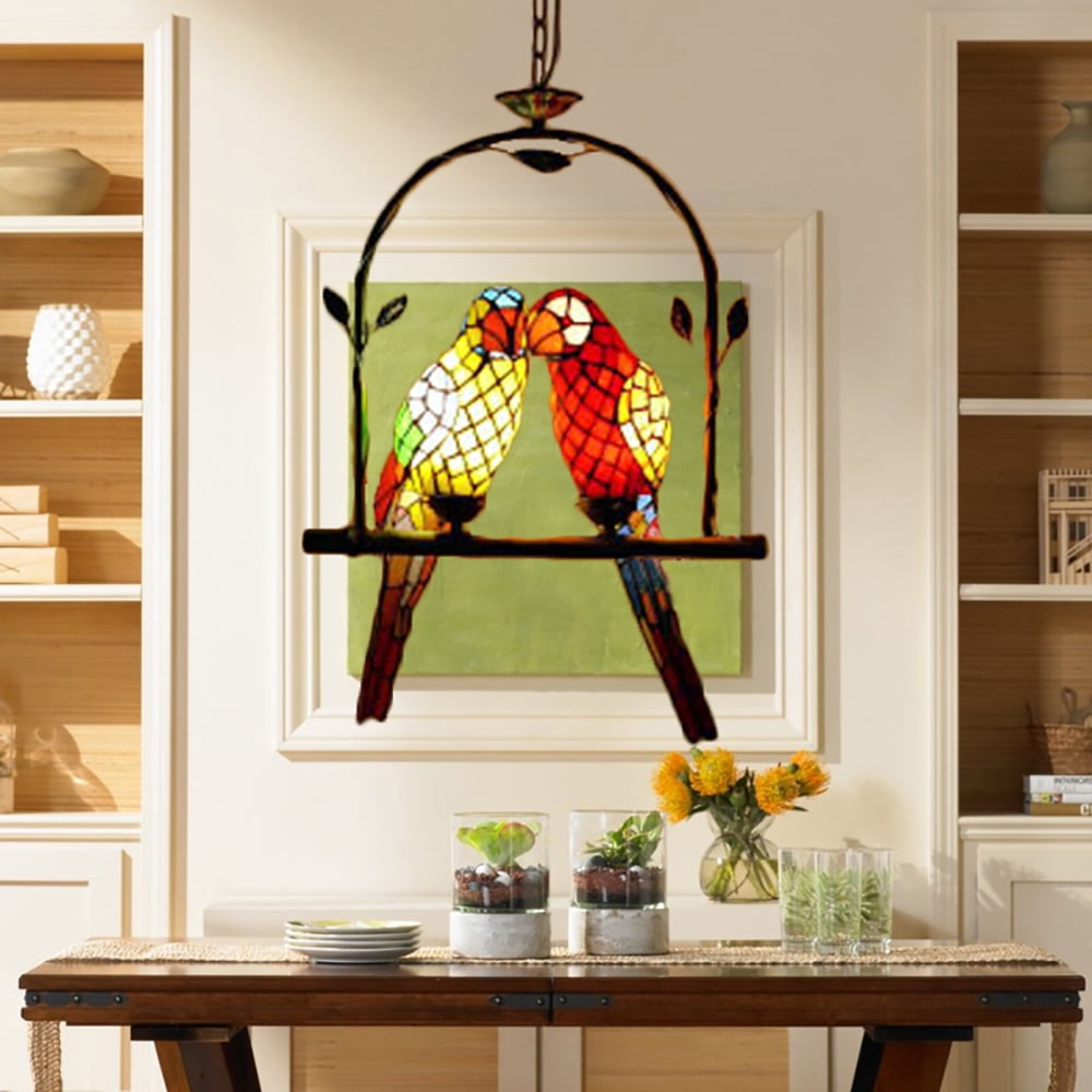 Tiffany Style 2 Heads Pendant Light Stained Glass Parrot Chandelier ...