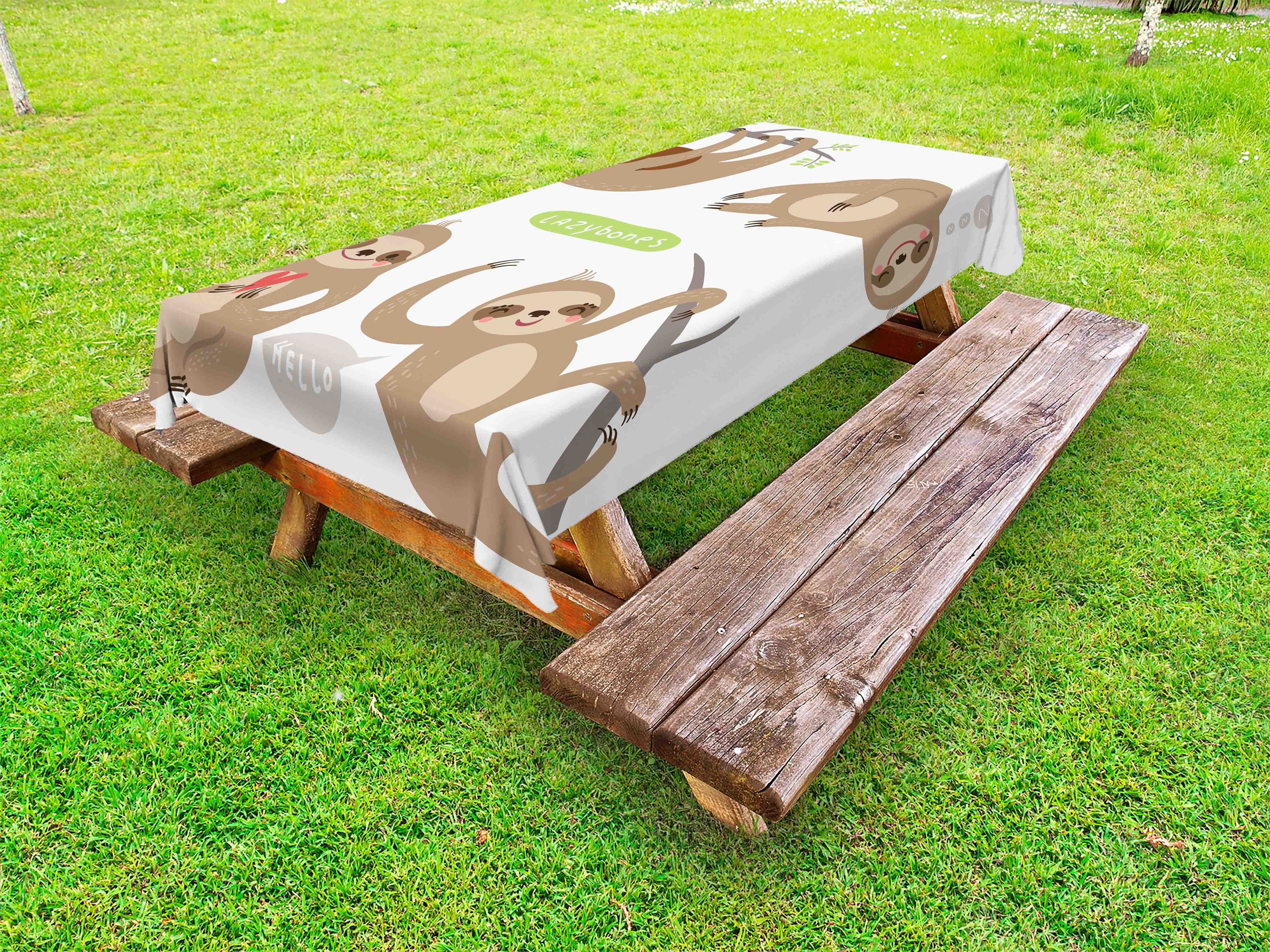 Sloth Outdoor Tablecloth, Childish Collection of Funny Cute Lazy Sloths ...