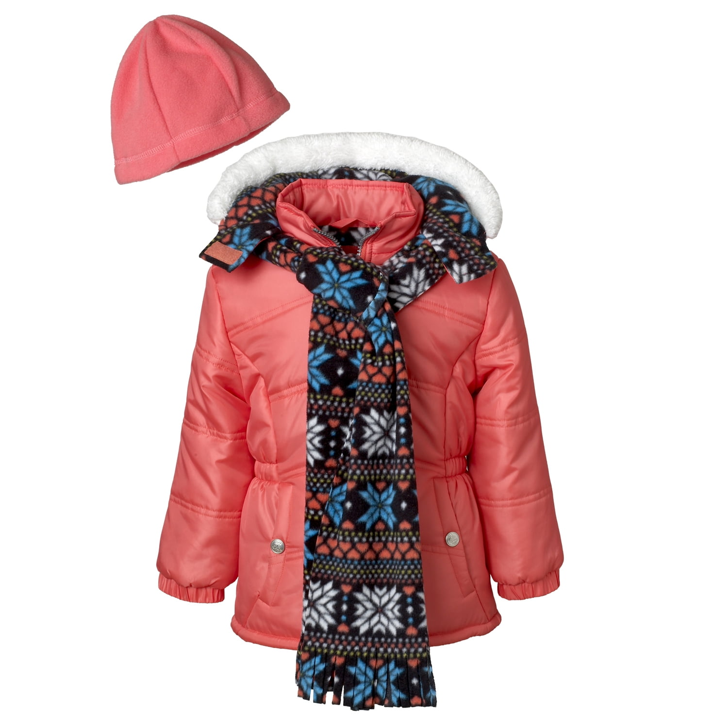 Girls Hooded Winter Puffer Bubble Jacket Coat Matching Hat & Scarf ...