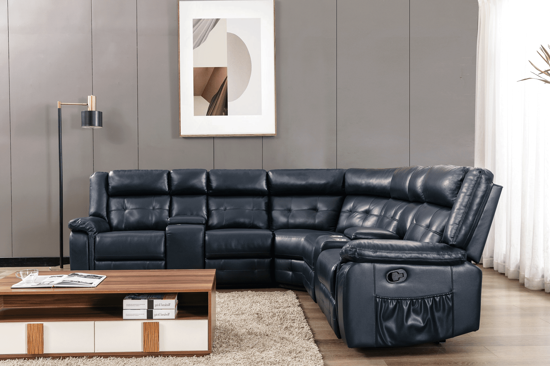 Nathaniel Home, PU Leather Reclining Sectional Sofa Set with 2 Consoles ...