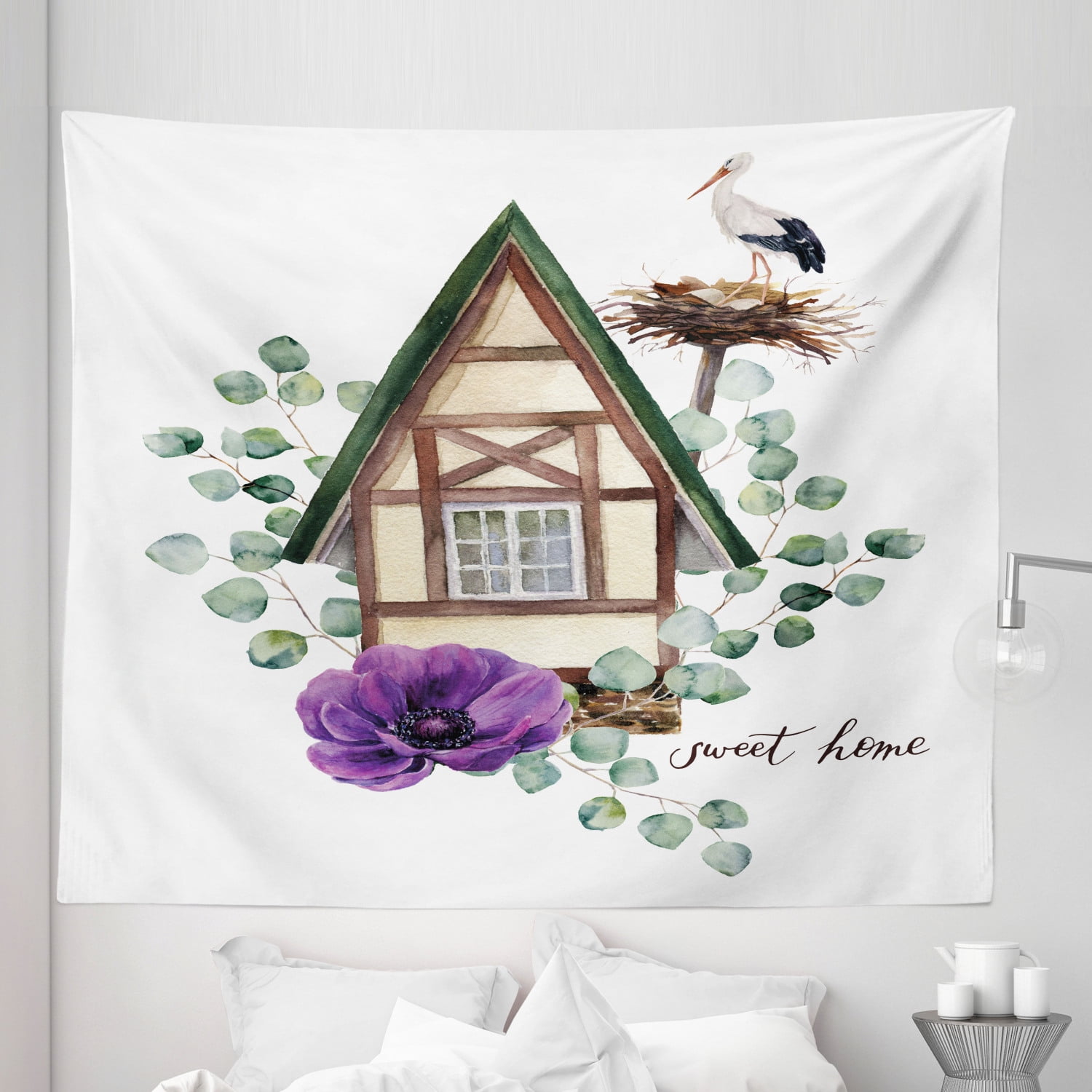 Anemone Flower Tapestry, Watercolor Layout Happy Home House in Alpine ...