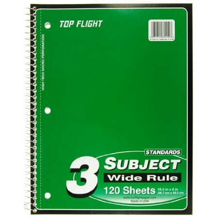 Top Flight Standards 3-Subject Wirebound Notebook, 120 Sheets, 3-Hole ...
