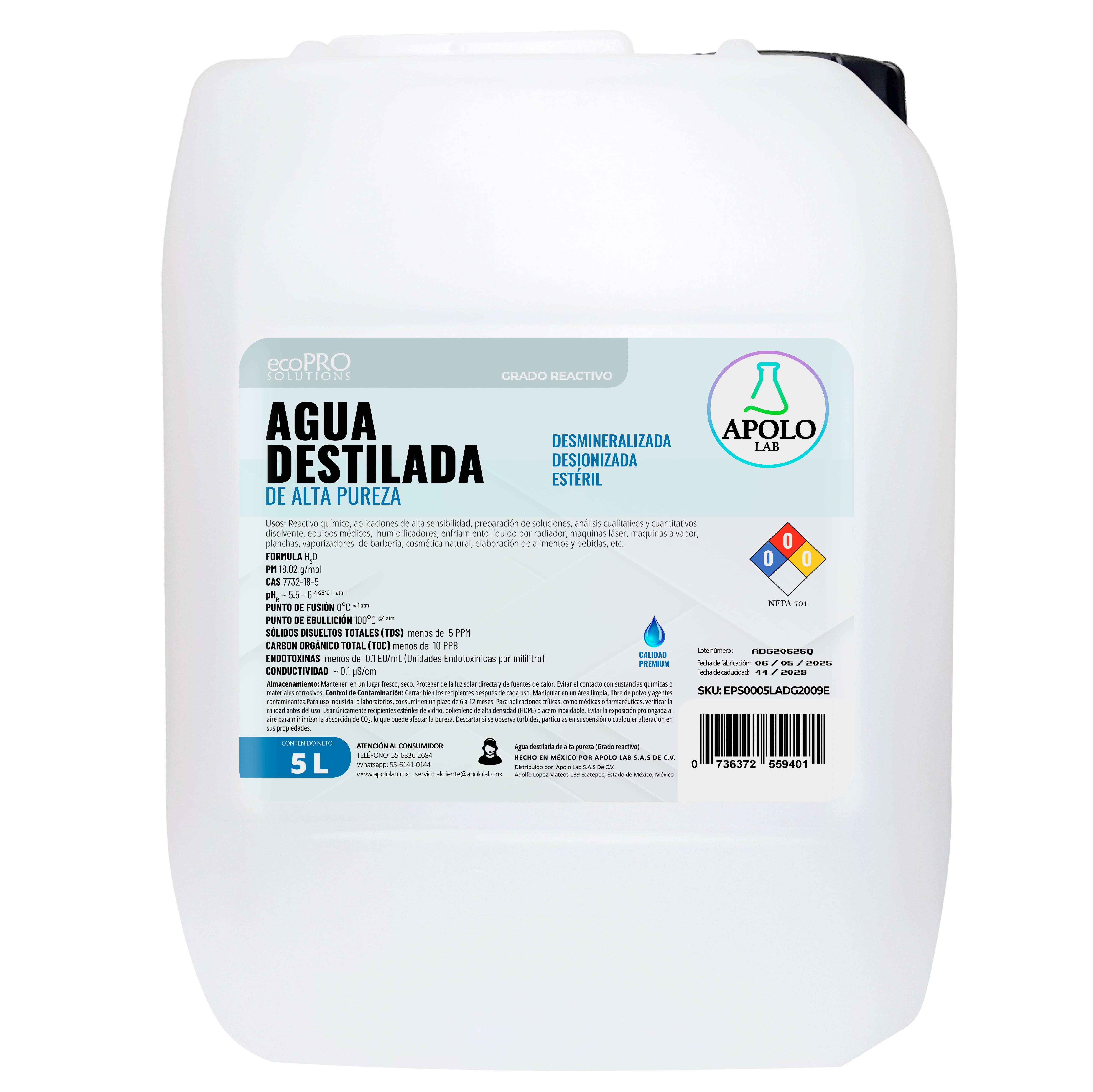 Agua Destilada De Alta Pureza Desmineralizada, Desionizada, Certificada ...