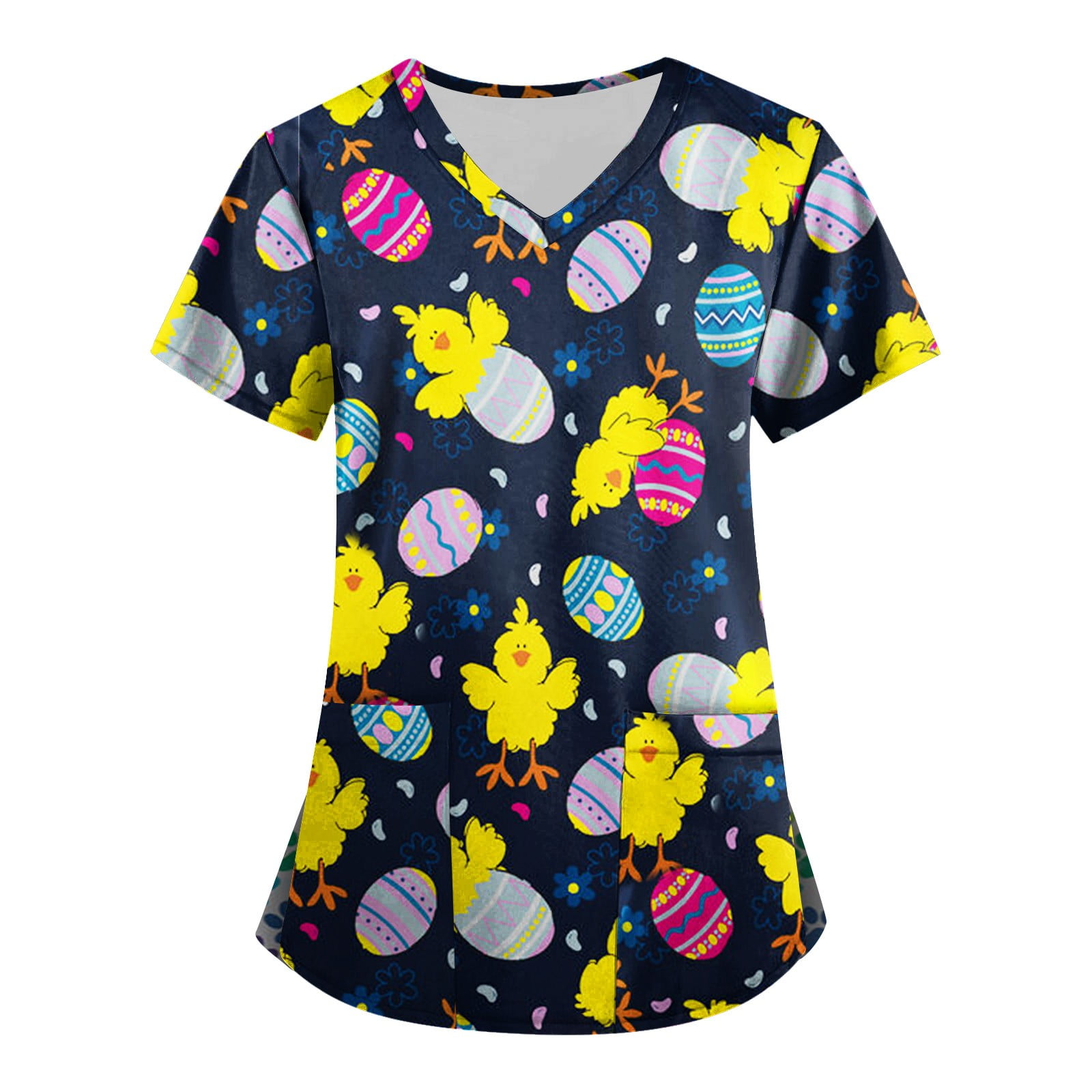 Xhjun Womens Scrub Tops Clearance Printed Easter Bunny Print Scrub Tops Short Sleeve V Neck With
