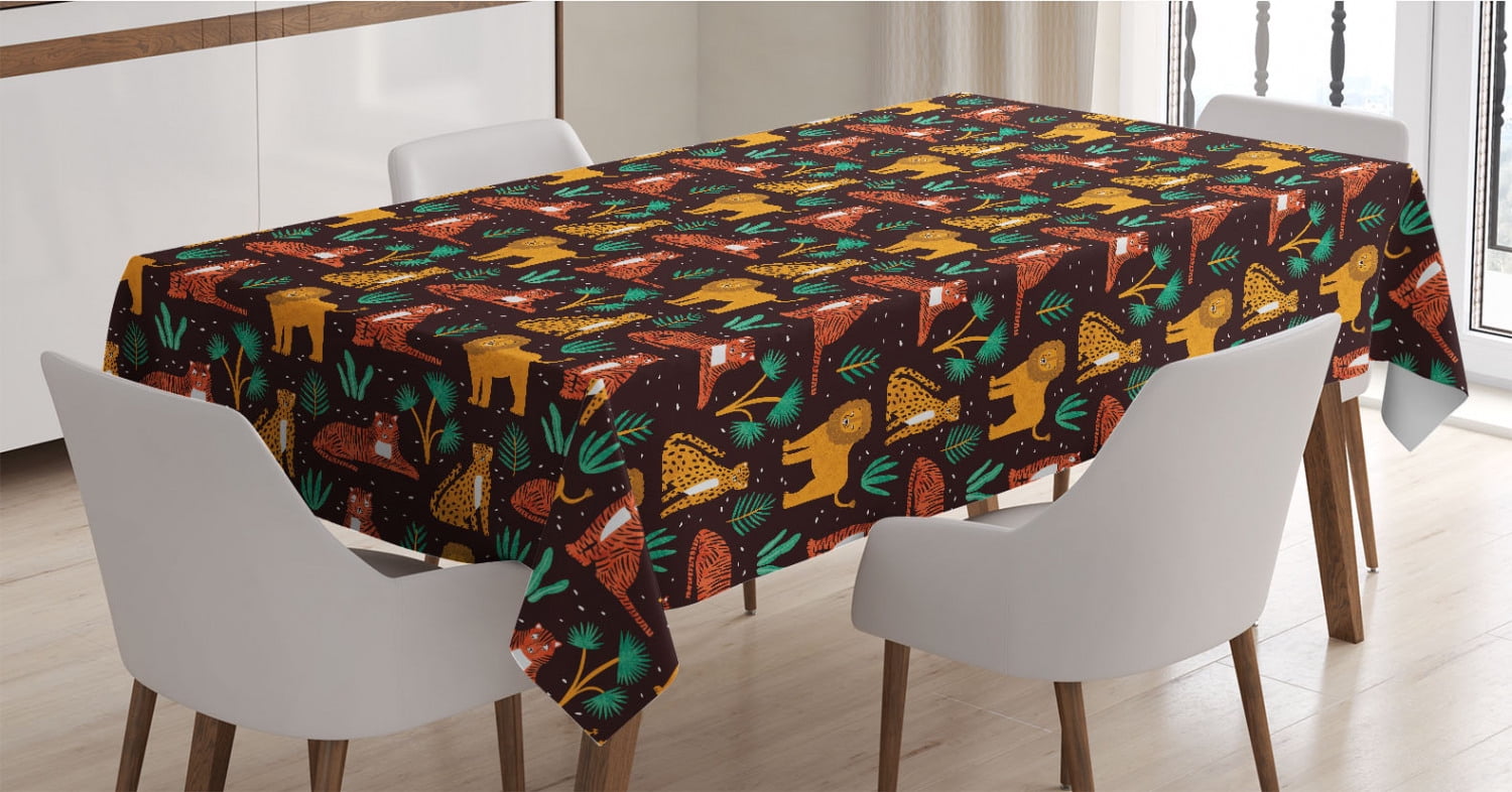 Zoo Tablecloth, Safari Animals Lion Tigers Leopards Palm Trees Cartoon ...
