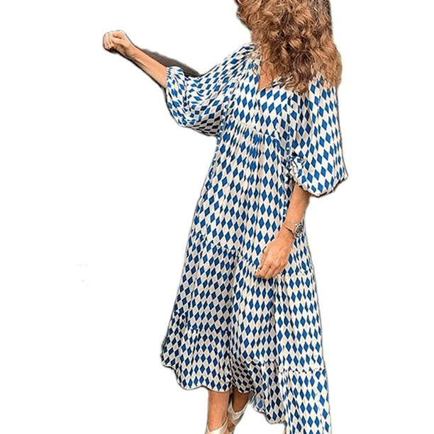 Women Fashion Boho Print Half Sleeve Dress V Neck Strap Loose Splice
