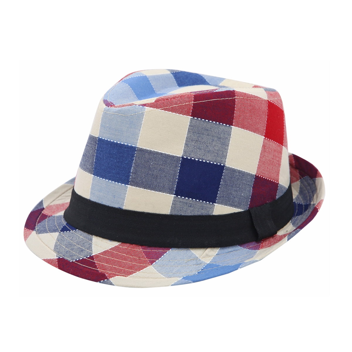 Premium Multi Color Plaid Stitch Black Band Fedora Hat - Walmart.com