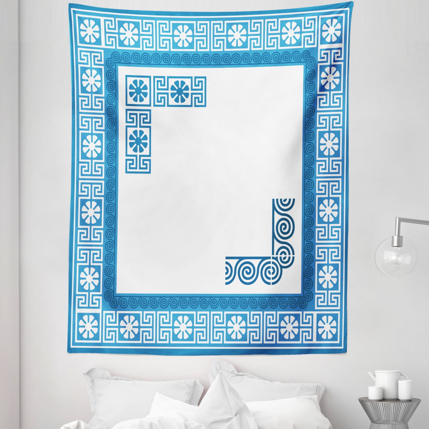 Greek Key Tapestry, Frame Traditional Vintage Square White Flowers and ...