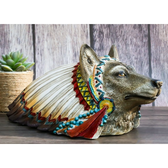 Rustic Gray Wolf With Indian Chief Headdress Piggy Coin Money Bank Jar ...