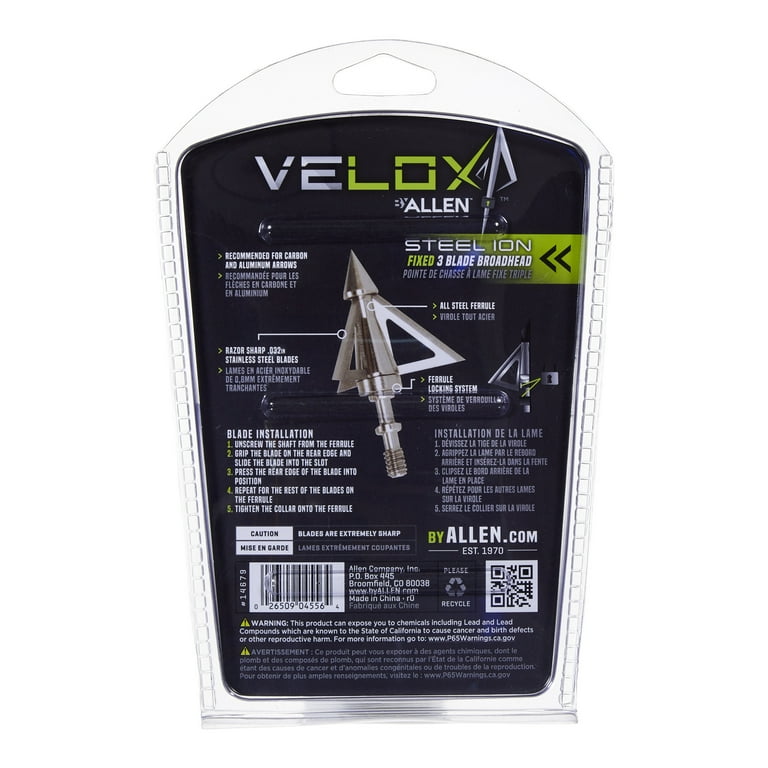 Velox Steel Ion Three Blade Broadhead By Allen 100 Grain, 3 Velox Steel Ion Three Blade Broadhead By Allen 100 Grain, 3