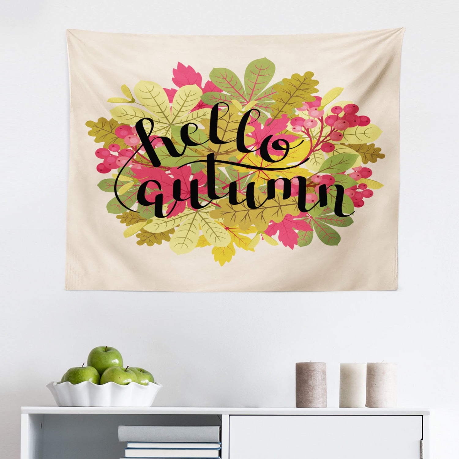 Hello Fall Tapestry, Numerous Fallen Tree Leaves and Framed Welcoming ...